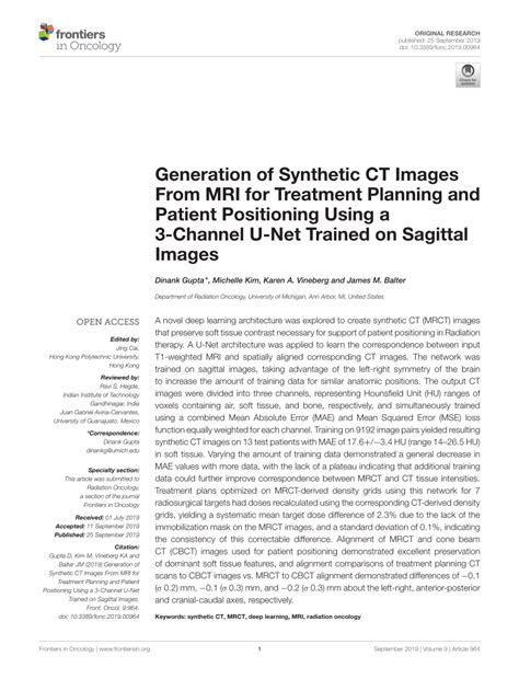 Pdf Generation Of Synthetic Ct Images From Mri For Treatment Planning And Patient Positioning