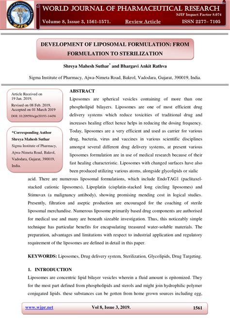 Pdf Development Of Liposomal Formulation From Formulation To Sterilization