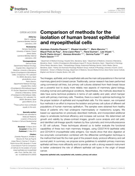 Pdf Comparison Of Methods For The Isolation Of Human Breast Epithelial And Myoepithelial Cells