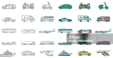 교통 아이콘 설정합니다 도시 자동차와 차량 수송입니다 자동차 선박 비행기 기차 오토바이 헬기 개요 아이콘입니다 벡터 Brand Name Domestic Car에 대한 스톡