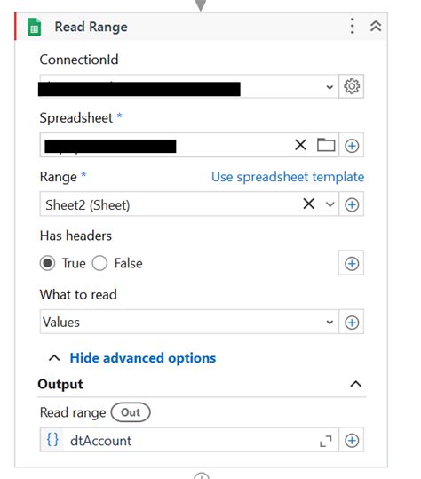 gsheet read range an error occured in the activity activities