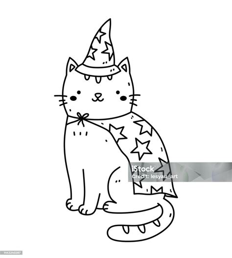 흰색 배경에 격리된 귀여운 마법사 고양이 낙서 스타일의 벡터 손으로 그린 그림입니다 카와이 캐릭터 카드 장식 로고 및 다양한 디자인에 적합합니다 가공의 인물에 대한 스톡