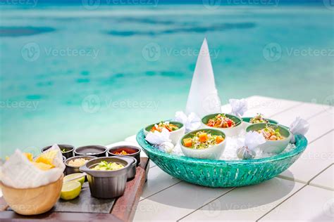 Ceviche Gourmet Sea Food On White Table Delicious Ceviche Of Shrimp