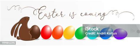 초콜릿 토끼와 색상 계란 행복 부활절 인사말 카드는 연쇄 반응 흰색 배경에 도미노 효과에 의해 가을 토끼 사탕과 휴일 유형 글꼴