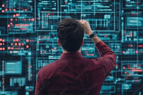 Intense Focus A Programmer Deciphers Complex Code On Massive Screens