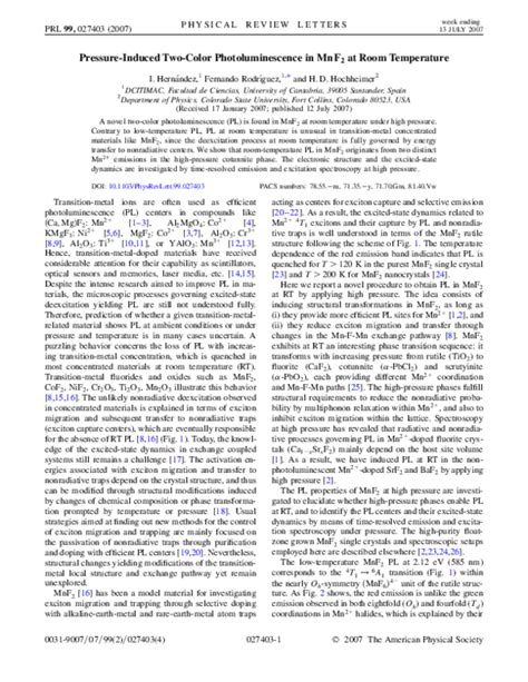 Pdf Pressure Induced Two Color Photoluminescence In Mnf2 At Room Temperature Hans Hochheimer