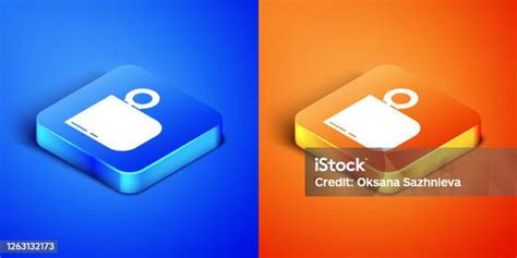 파란색과 주황색 배경에 격리 된 등색 커피 컵 아이콘 차 컵 뜨거운 음료 커피 정사각형 버튼입니다 벡터 3차원 형태에 대한 스톡