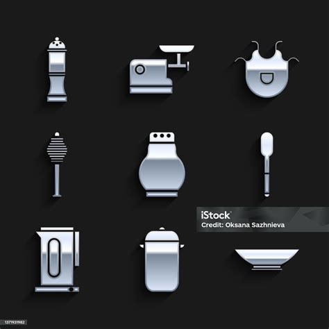 소금과 후추 요리 냄비 그릇 숟가락 손잡이주전자 꿀 디퍼 스틱 주방 앞치마와 후추 아이콘을 설정합니다 벡터 검은색에 대한 스톡