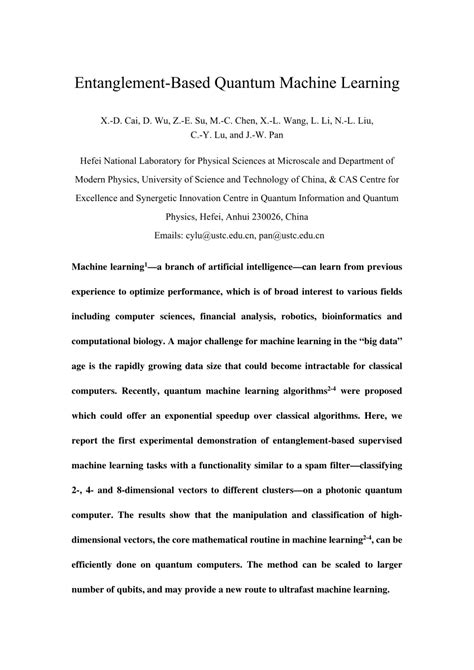 Pdf Entanglement Based Quantum Machine Learning