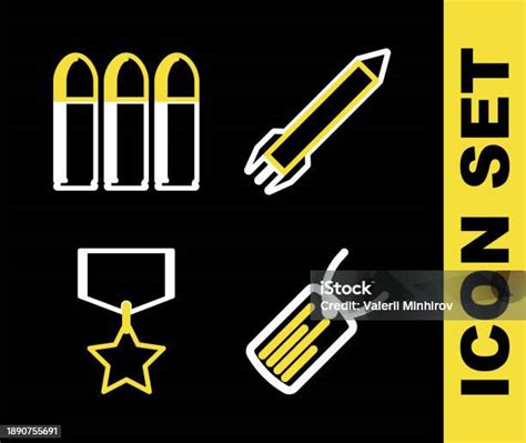 세트 라인 로켓 군용 인식표 보상 메달 및 총알 아이콘 벡터 공란에 대한 스톡 벡터 아트 및 기타 이미지 공란 군사 금속 Istock