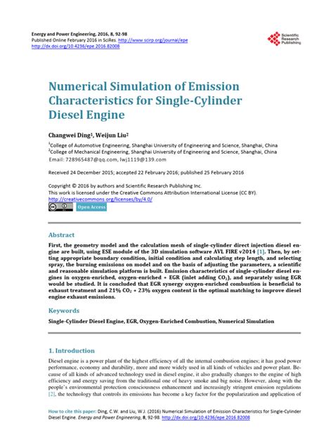 Numerical Simulation Of Emission Characteristics For Single Cylinder Diesel Engines Pdf