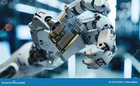 Robotic Arm Handling Microchip On Circuit Board Futuristic Technology Aig49 Stock Image