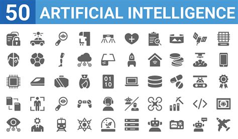 50개의 인공 지능 웹 아이콘 세트입니다 비행기 보안 데이터 생체 공학적 눈 메모리 전송 칩 휴머노이드 태양 에너지 자동차 노트북과 같은 채워진 글리프 아이콘 벡터 그림