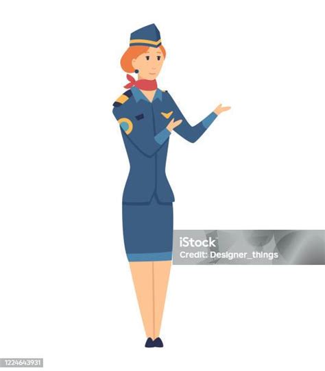 유니폼을 입고 웃고 있는 민간 항공기 스튜어디스 흰색 배경에 고립 된 쾌활한 여성 만화 캐릭터 플랫 스타일의 다채로운 벡터