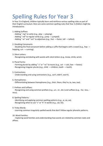 Year 3 Spelling Rule Overview And Example Questions And Answers For Each Section Teaching