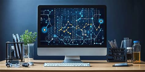Computer Workspace With Digital Data Visualization And Scientific Tools During Evening Hours