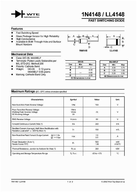 1n4148 Diode Datasheet Specifications Features And Applications