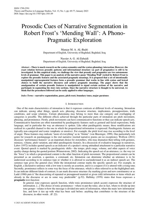 Pdf Prosodic Cues Of Narrative Segmentation In Robert Frosts ‘mending Wall A Phono