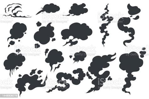 연기 실루엣은 평면 디자인으로 설정된 그래픽 요소를 격리합니다 다양한 검은 증기 및 증기 모양 가스 냄새 또는 구름 질감 만화