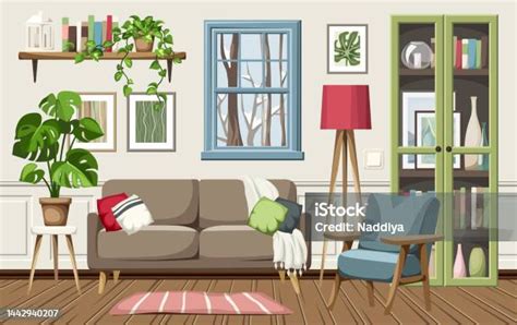 겨울 거실 아늑한 화려한 인테리어 디자인 만화 벡터 일러스트 레이 션 0명에 대한 스톡 벡터 아트 및 기타 이미지 0명