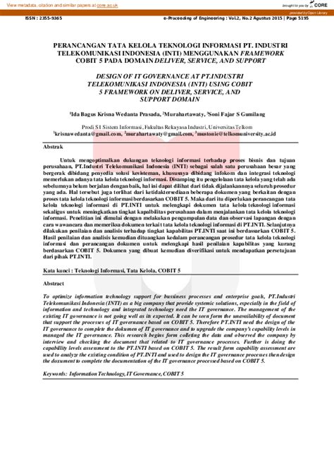 Pdf Perancangan Tata Kelola Teknologi Informasi Pt Industri Telekomunikasi Indonesia Inti