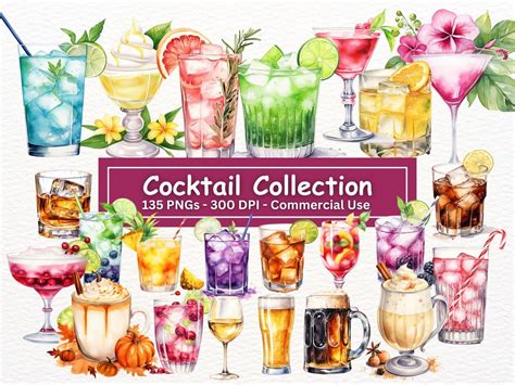 Cocktail Clipart Bundle Watercolor Cocktail Clipart Pack Png Set Of 135 Alcohol Cocktail