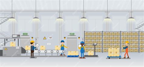 기계 및 컨베이어 벨트 평면 디자인 벡터 일러스트와 함께 작업자 작업과 공장 생산 라인 프리미엄 벡터