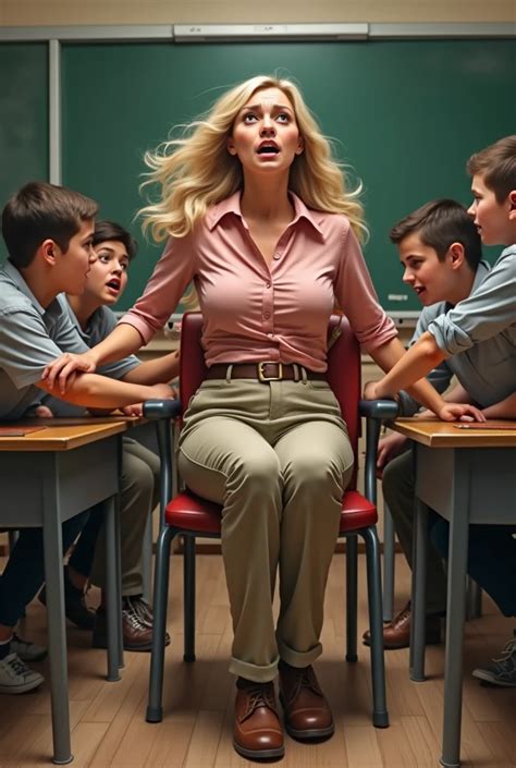 Woman Teacher With Long Blond Hair And White Skin With Pink Blouse