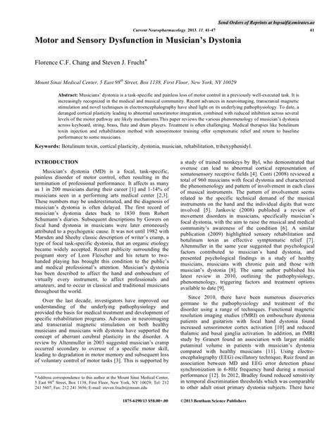 Pdf Motor And Sensory Dysfunction In Musicians Dystonia