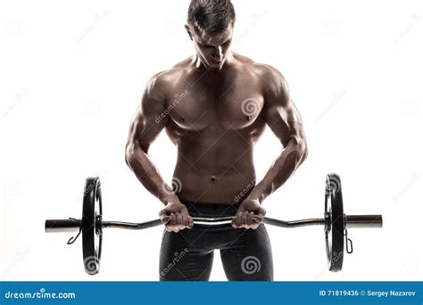Junger Gutaussehender Mann Mit Dem Nacktem Torso Und Barbell Stockfoto Bild Von Kasten