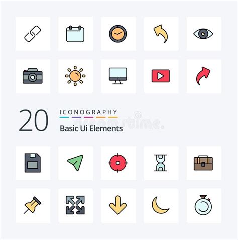 20 Basic Ui Elements Line Filled Color Icon Pack Like Case Bag Archer Loading Glass Stock Vector
