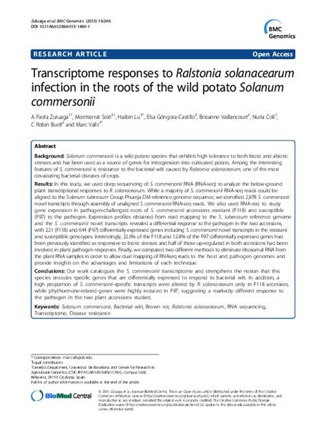 Pdf Transcriptome Responses To Ralstonia Solanacearum Infection In The Roots Of The Wild