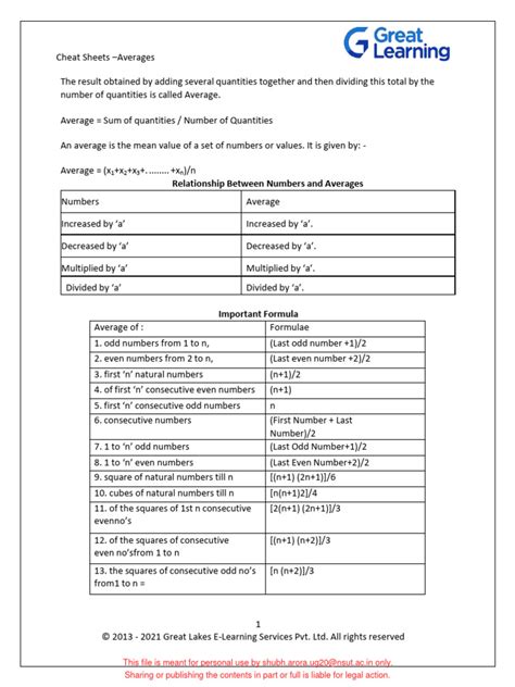 Cheat Sheets Averages Pdf Mathematical Concepts Numbers