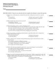 Midterm Exam Part 1 Docx Midterm Examination Part 1 QUANTITATIVE RESEARCH In Business Research