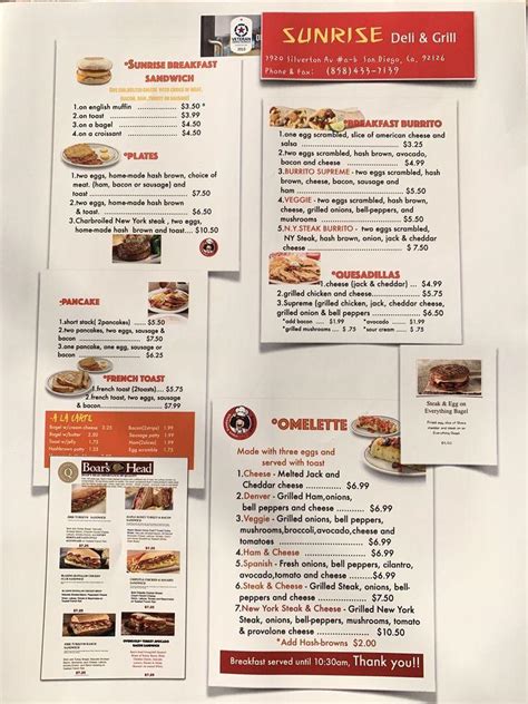 Menu At Sunrise Deli Restaurant San Diego Silverton Ave
