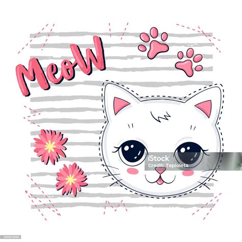 야옹을 말하는 웃는 작은 고양이 귀여운 벡터 가리 공주 새끼 고양이입니다 인사말 카드 티셔츠 디자인 인쇄 또는 포스터에 사용할 수 있습니다 0명에 대한 스톡 벡터 아트 및