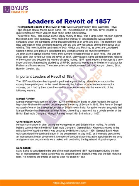 Leaders Of Revolt Of 1857 Upsc Notes 81 Pdf Indian Rebellion Of