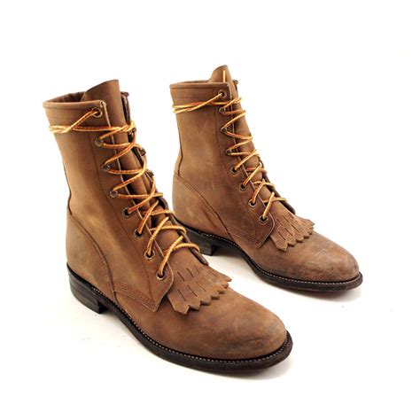 Lace Up Justin Roper Boots In Brown Leather With Kilties
