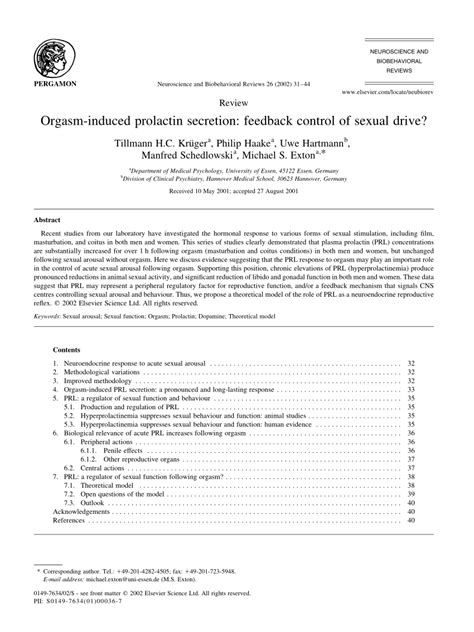 Pdf Orgasm Induced Prolactin Secretion Feedback Control Of Sexual Drive