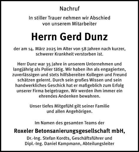 Traueranzeigen Von Gerd Dunz Trauer Ms