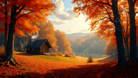 Autumn Forest Cabin With Wild Life Wallpaper Desktop Fall Cabin