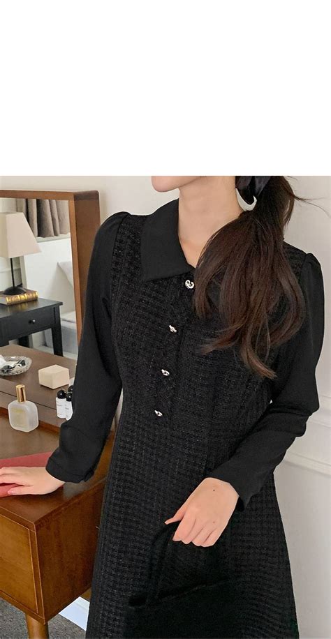 하객룩추천💐 Made 르무아 카라넥 소매배색 골드버튼 핀턱 플레어 롱원피스 44~99