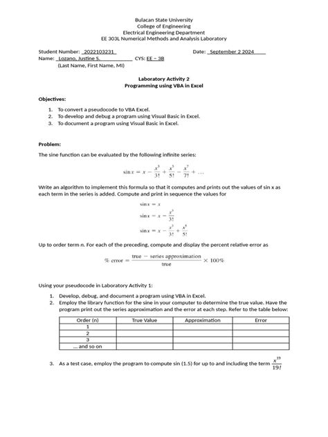 Ee 303l Lab Act 2 Programming Using Vba In Excel Pdf