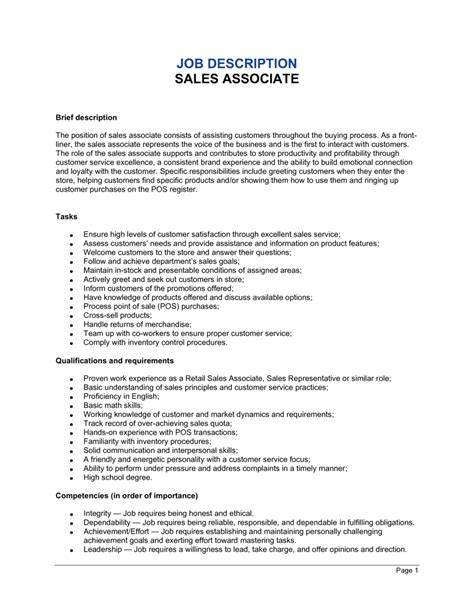 Sales Associate Job Description Template Word And Pdf Free Trial
