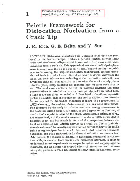 Pdf Peierls Framework For Dislocation Nucleation From A Crack Tip