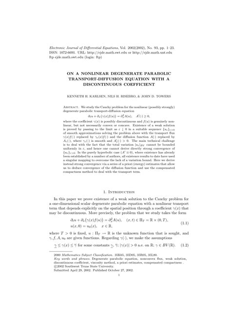 Pdf On A Nonlinear Degenerate Parabolic Transport Diffusion Equation With A Discontinuous