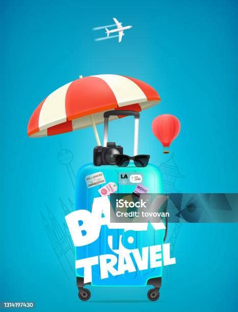 우산 디지털 카메라 선글라스가 달린 파란색 가방 여행으로 돌아가기 휴가에 대한 스톡 벡터 아트 및 기타 이미지 휴가 여행 가방 3차원 형태 Istock