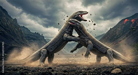 Two Giant Komodo Dragons Locked In A Fierce Battle Standing On Their