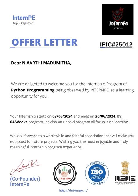 Aarthi Madumitha On Linkedin I Am Very Glad To Start My Internship In Python Programming On