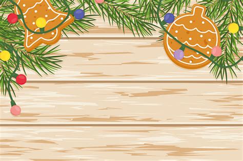 진저 브레드 쿠키 크리스마스 조명이있는 나무 책상에 평평한 배치 구성 복사 공간 크리스마스 인사 장소 0명에 대한 스톡 벡터